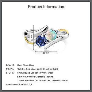 Gem Stone King 925 Silver and 10K Yellow Gold Round Cabochon White Simulated Opal Blue Created Sapphire and White Lab Grown Diamond 2 Stone Crossover Ring (1.12 Cttw, Available In Size 5, 6, 7, 8, 9)
