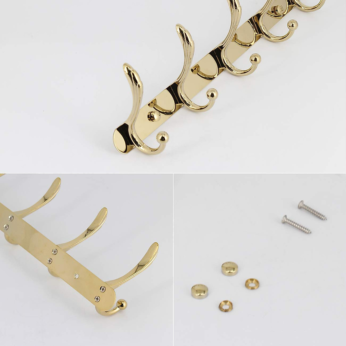 kimzcn Coat Rack Wall Mounted - 5 Tri Hooks, Heavy Duty, Metal Coat Hook Rail for Coat Hat Towel Purse Robes Mudroom Bathroom Entryway, Gold