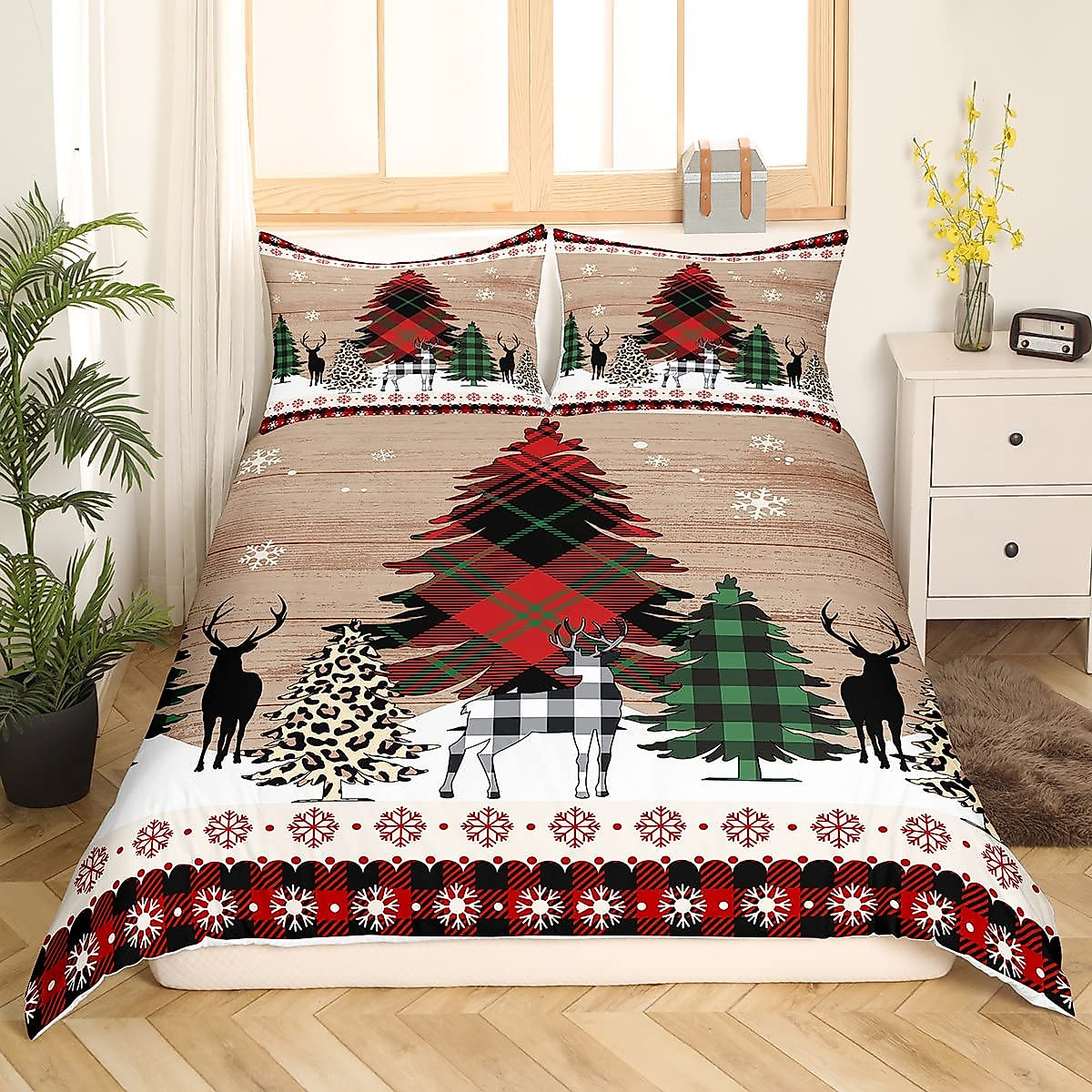 Kids Christmas Duvet Cover Set Queen Size,Deer Pine Snowflake Bedding Set,Girls Boys Adults Room/Xmas Cabin Decor,Brown Wooden Plank Comforter Cover,Rustic Farmhouse Quilt Cover,3pcs,2 pillowcases