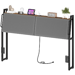 YATINEY Headboard King Size, King Headboard Only with Storage Shelf, Removable Upholstered Head Boards with Charging Station, Sturdy and Stable, Rustic Brown, Grey and Black