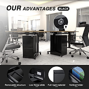 GangMei 2 Drawer Metal Vertical File Cabinet with Lock, Narrow Filing Cabinet with Hanging Letter/Legal/A4 Folders for Home, Office, Assembly Required, Black, 2 Drawers