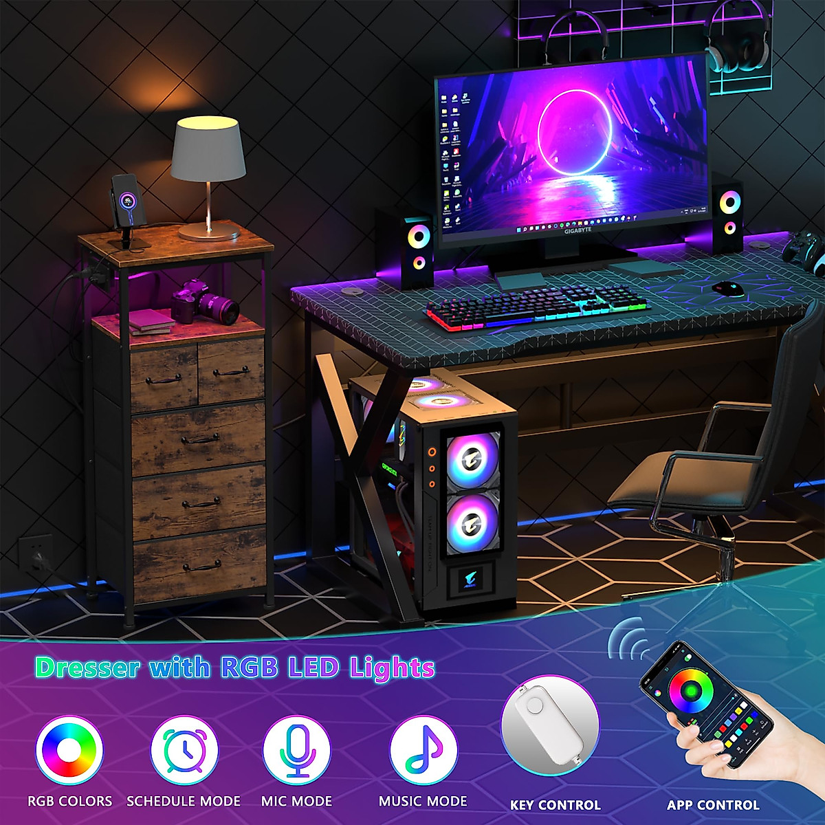 Furnulem Dresser for Bedroom, Tall Nightstand, Vertical Chest with Wood Top, Charging Station, LED Lights, 5 Fabric Bins, Bedside Table with Shelf, Furniture for Entryway (5 Drawer, Rustic Brown)