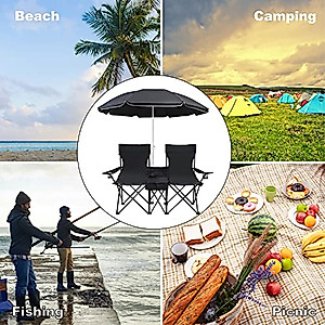 LEADALLWAY Double Camping Chair with Parasol Portable Folding Lawn Chair Support 256 LBS,19''x19''Each seat