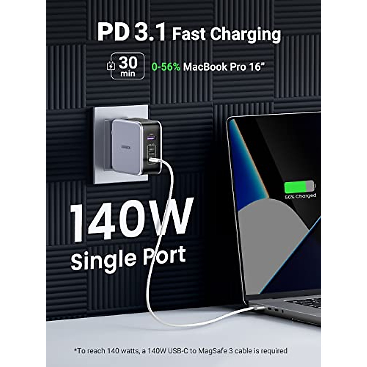 UGREEN 140W USB C Charger, Mac Book Pro Charger Foldable Nexode PD3.1 PPS 3-Port Fast GaN Laptop Wall Charger Power Adapter Compatible with MacBook Pro 16'', Dell XPS, Chromebook (with 240W Cable)