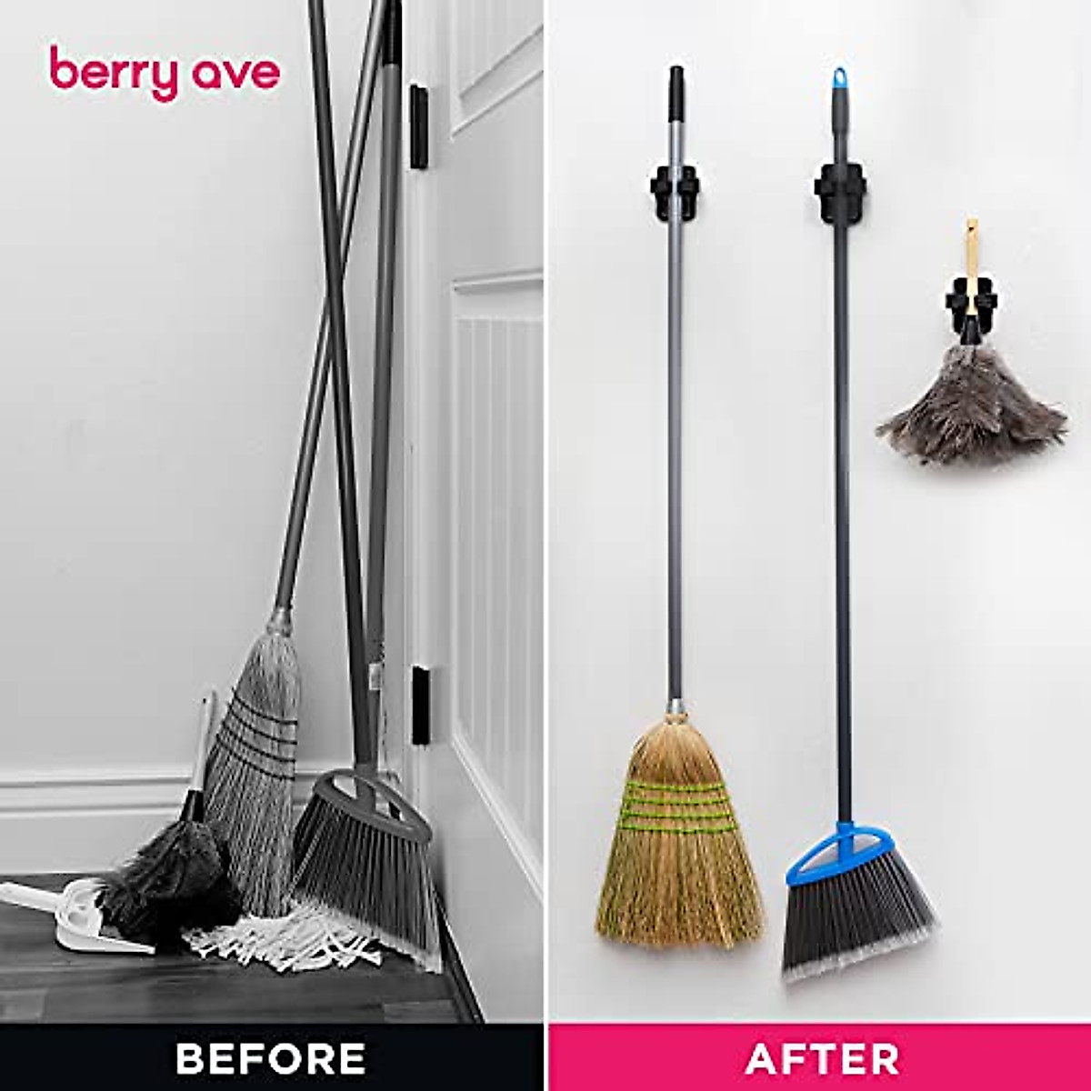 Berry Ave Broom Holder & Mop Grippers [5-Pack]- Self Adhesive, No-Drilling, Wall Mount Tool Organizers For Kitchen, Garage, Laundry Room- Anti-Slip Hanger For Brooms, Mops, Rakes, Dustpans- Black