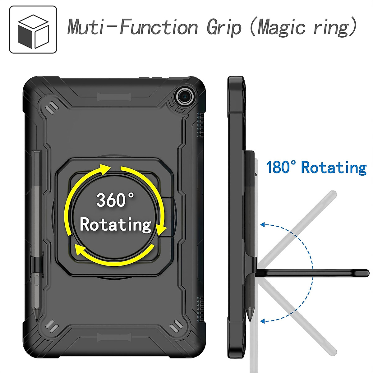 zukof Case for Amazon Fire Max 11 inch Tablet (13th Generation, 2023 Release) Hybrid Shockproof 360 Rotating Multi-Functional Ring Stand Case with Shoulder Straps (Black/Black)