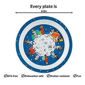 4 Piece Kid Space Themed Plate Set, 4 Plates With Different Designs, Lightweight & Shatterproof Toddler Feeding Set, Children Safe Kitchen Set, Fun Mealtime, LIttle Kid Dinner Plates