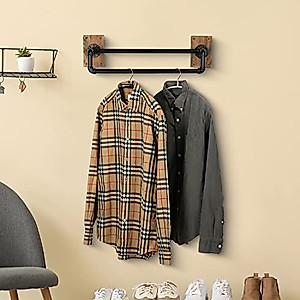 MyGift Wall Mounted Industrial Black Metal Double Bar Bathroom Towel Rack and Hanging Garment Rack with Burnt Solid Wood Mounting Bracket, Realistic Pipe 2 Tier Bath and Hand Towel Holder