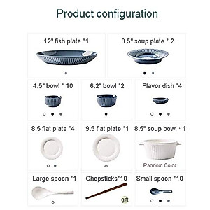 Dinnerware Set,46 Pieces White Blue Vertical Pattern Ceramics Dinner Sets Plates Bowls Combination for Family Party
