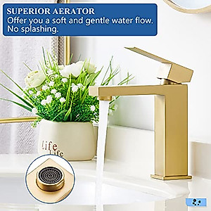 Tohlar Gold Bathroom Faucet, Brushed Gold Faucet for Bathroom Sink, Gold Single Hole Bathroom Faucet Modern Single Handle Vanity Basin Faucet with Overflow Pop Up Drain Stopper and Water Supply Lines
