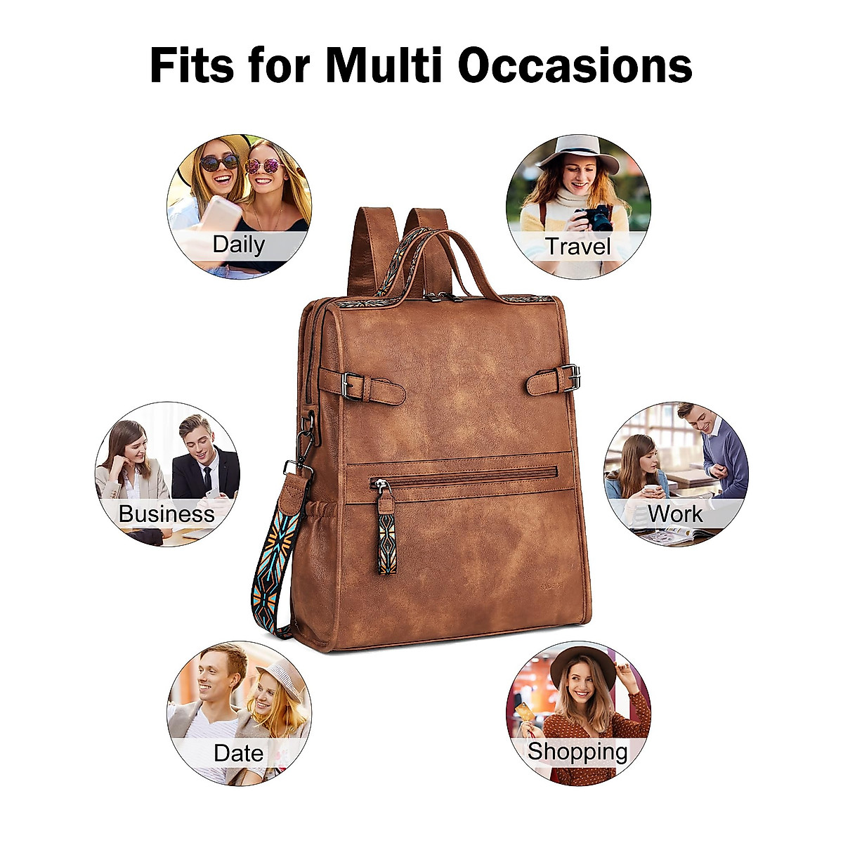 FADEON Leather Laptop Backpack for Women, Designer Ladies Work Travel Computer Backpack with Laptop Compartment Purse Brown