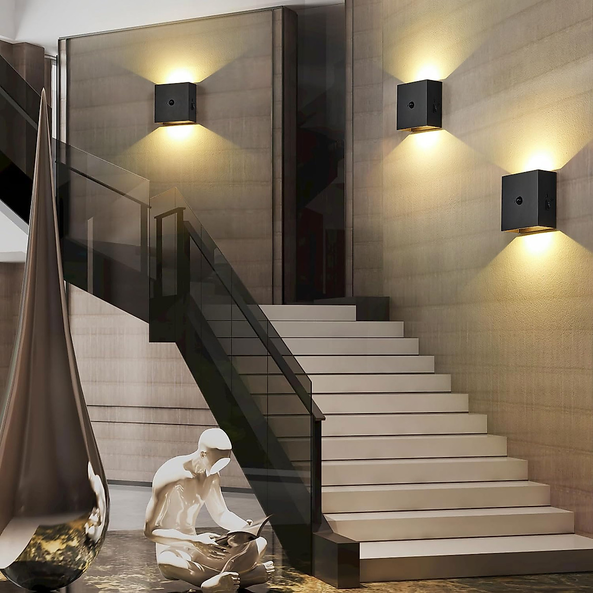 Battery Operated Wall Sconce Set of Two, USB Rechargeable LED Wall Light with Motion Sensor, 5W Indoor Cordless Wall Lamp with Switch, 3000K Warm White Magnet Wall Sconces for Bedroom Stairs Hallway