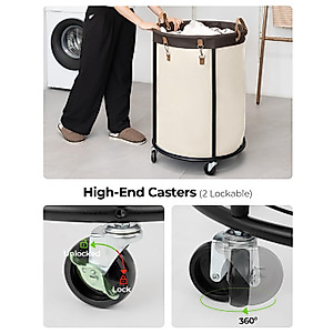 StorageWorks Laundry Basket with Wheels, 210L Extra Large Rolling Laundry Hamper, Round Laundry Cart with Steel Frame and Removable Bag, 4 Casters and 2 Brakes, Beige, 1-Pack