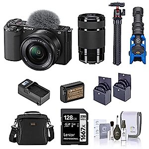 Sony ZV-E10 Mirrorless Camera with 16-50mm & 55-210mm f/4.5-6.3 OSS E-Mount Lens, Black Bundle with Memory Card, Bag, Microphone, Tripod, Battery, Charger and Accessories Kit
