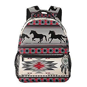 RIUARA Native American Boho Aztec Horses Pattern Backpack Bookbags for Adult&Teeens Shoulder School Bags for School Office Travel