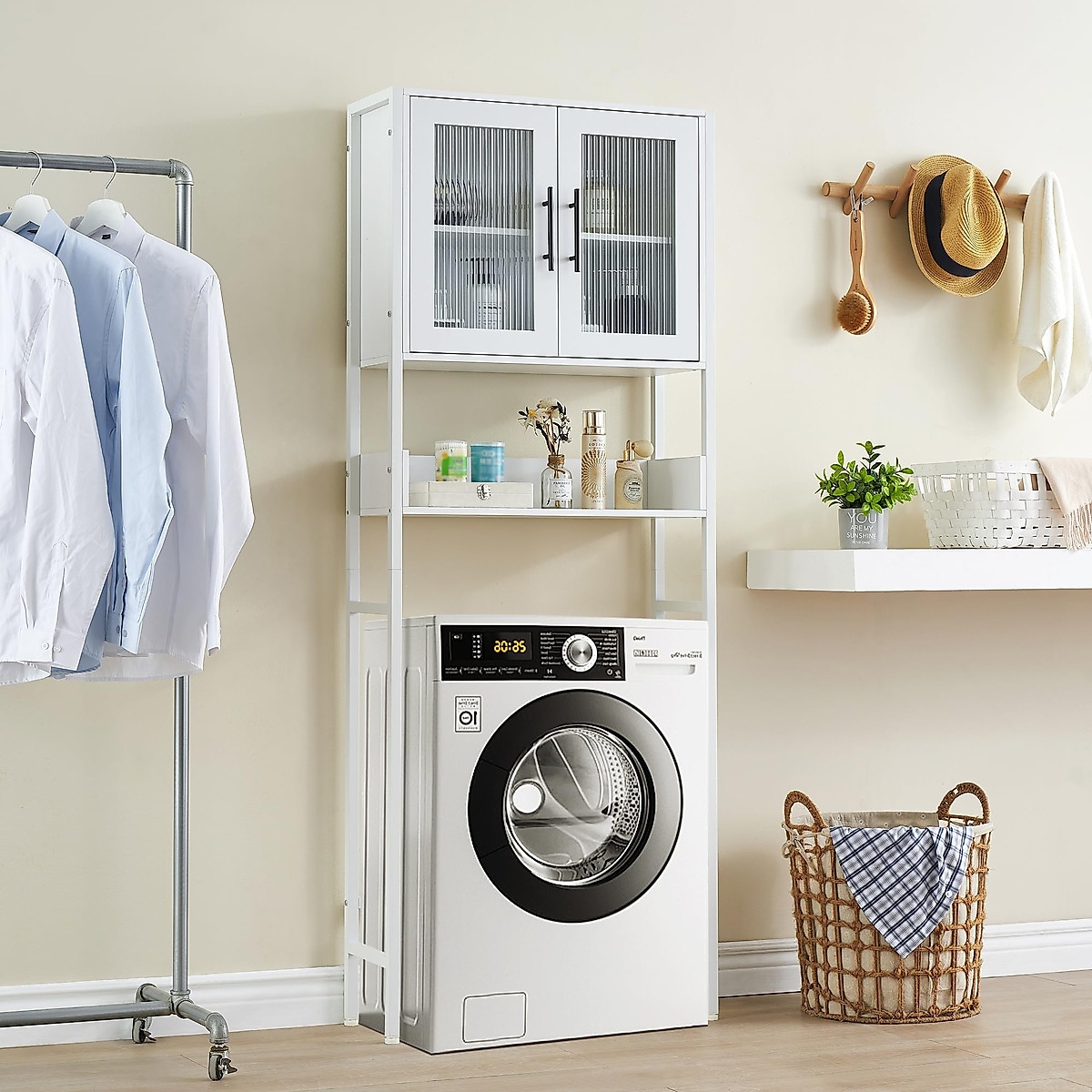 GarveeHome Bathroom Over The Toilet Storage Cabinet with Glass Doors, Adjustable Shelves, Large Storage Organizer, White