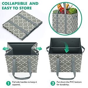 WISELIFE 3-Pack Reusable Grocery Bags Foldable Washable Storage Bins Basket Water Resistant Shopping Utility Tote Bag Grey