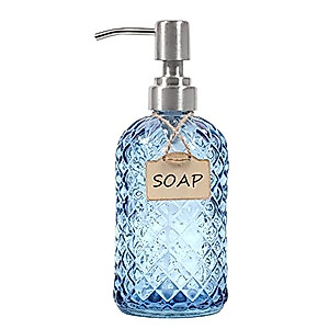 Funly mee Bathroom & Kitchen Glass Hand and Dish Soap Dispenser with 304 Rustproof Stainless Steel Pump (Blue)