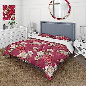 DESIGN ART Designart 'White Roses Pattern On Red Background' Traditional Duvet Cover Set Full - Queen