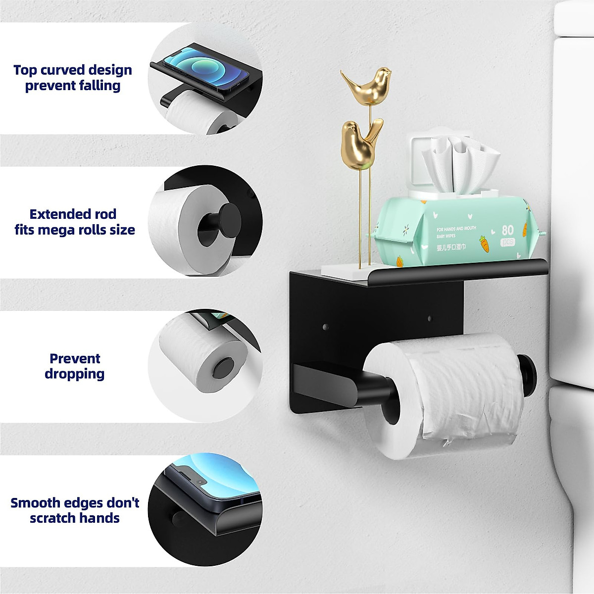 GLNLQ Toilet Paper Holder Wall Mount, Fits Mega Rolls Size Matte Black Toilet Paper Holder with Shelf, Rustproof Stainless Steel Self Adhesive Toilet Paper Holder, Black Bathroom Toilet Paper Holder