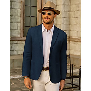 Men's Tailored Linen Blazer Casual Slim Fit Lightweight Jacket Navy L