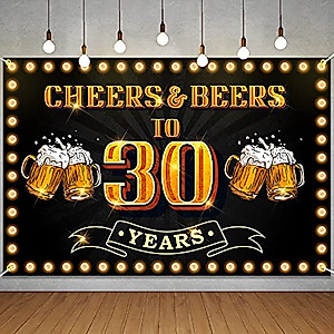 Cheers and Beers to 30 years Banner Backdrop Happy 30th Birthday Background for Men Women Photography Bday Anniversary Party Sign Decorations Supplies Black and Gold
