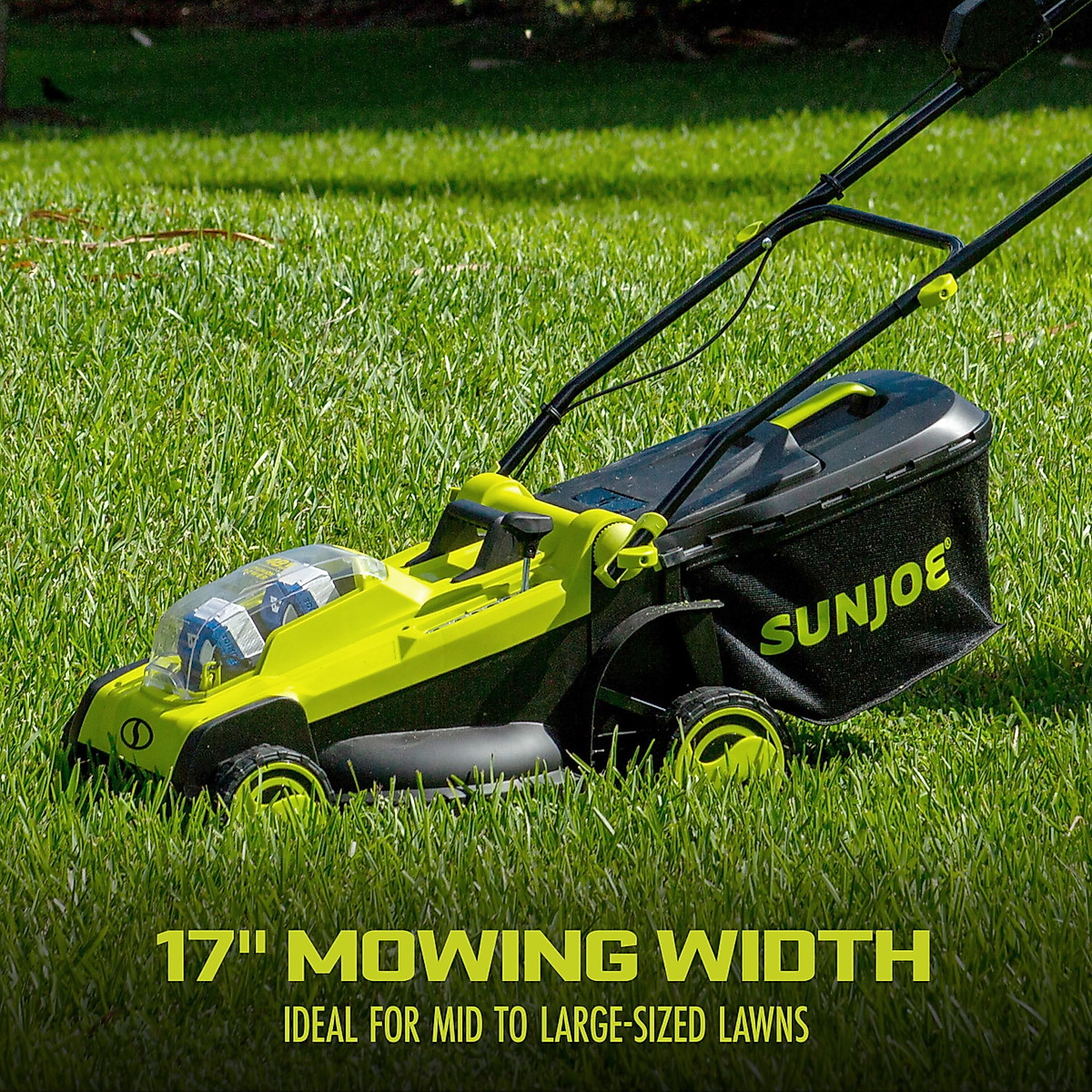 Sun Joe 24V-X2-17LM 48-Volt 17-Inch Mulching Walk-Behind Lawn Mower w/11-Gallon Grass Catcher & 6-Position Height Adjustment, Included, Cordless, Kit (w/ 2x 4.0-Ah Battery and Charger)