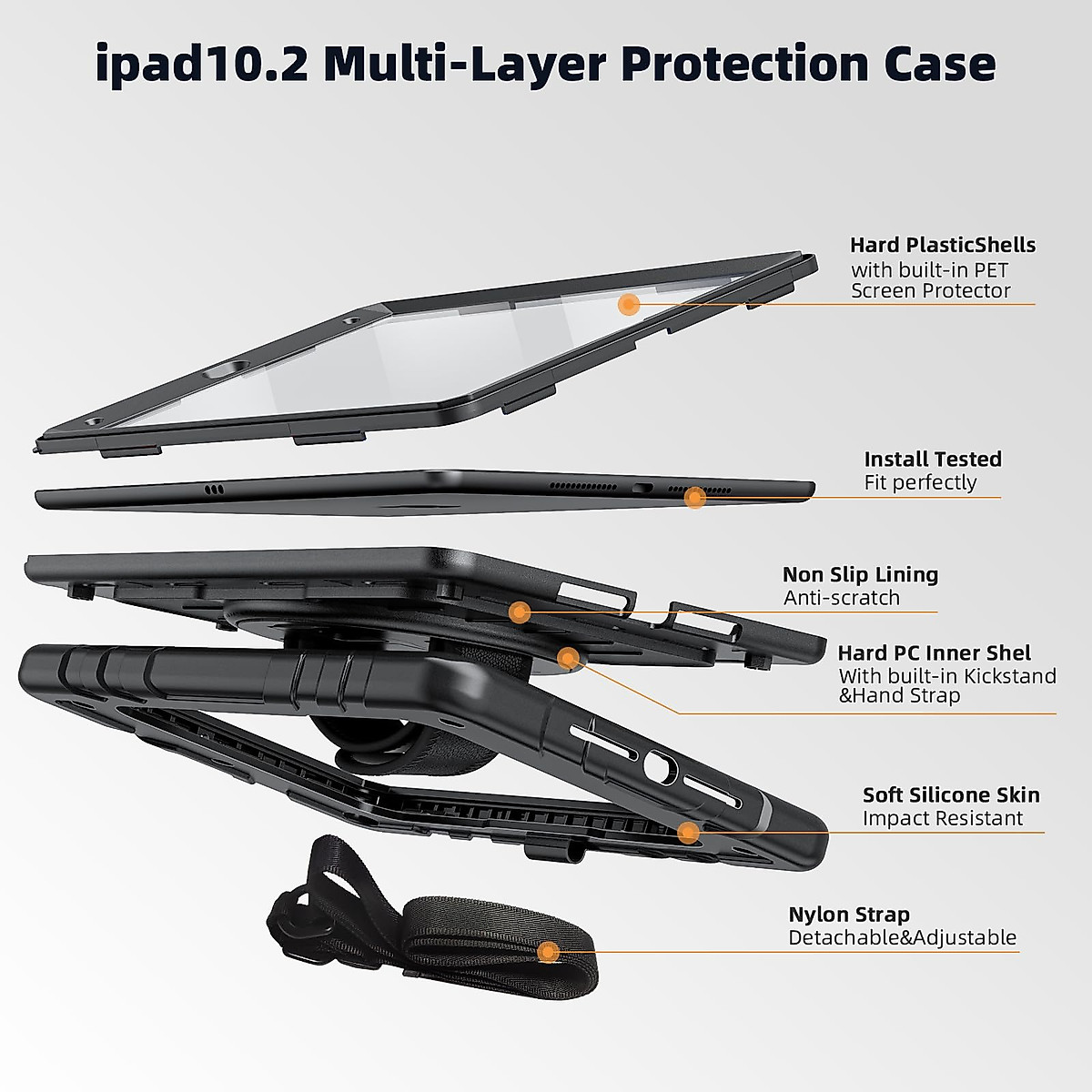 Stweap Case for iPad 9th/8th/7th Generation-Built-in Screen Protector,with Pencil Holder&360°Rotating Hand Strap,Shoulder Strap,Case for iPad 10.2 inch 2021-2019(Black)