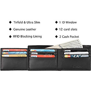 Travelambo Wallet for Men, Trifold Mens RFID Blocking Wallet, 12 Credit Card Holder Minimalist Front Pocket, Genuine Leather Slim Wallet with ID Window