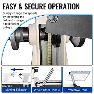 UOKRR Benchtop Wood Lathe 10" x 18" Wood Lathe Machine 5 Variable Speeds 500/750/1150/1800/3200RPM Mini Wood Turning Lathe for Woodworking 1/2HP Multifunctional Power Wood Lathe