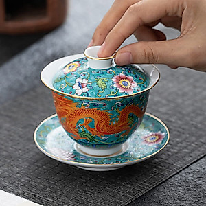 YARNOW Chinese Porcelain Teacup, 1Set of Gaiwan Tureen Cover Bowl Lip Cup Saucer Tea with Lid, Green Dragon