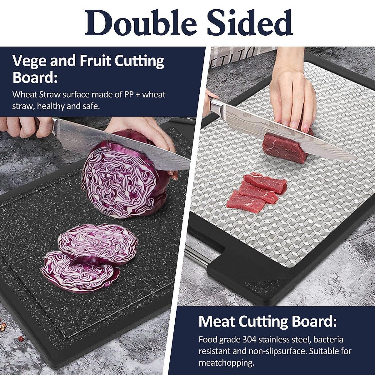 Double-Sided Cutting Board, Stainless Steel and Wheat Straw Plastic Chopping Board with 304 Magic Cube Stainless Steel for Meat and Vegetables (Stainless steel and Rubik's cube pattern, 15.7*10.6Inch)