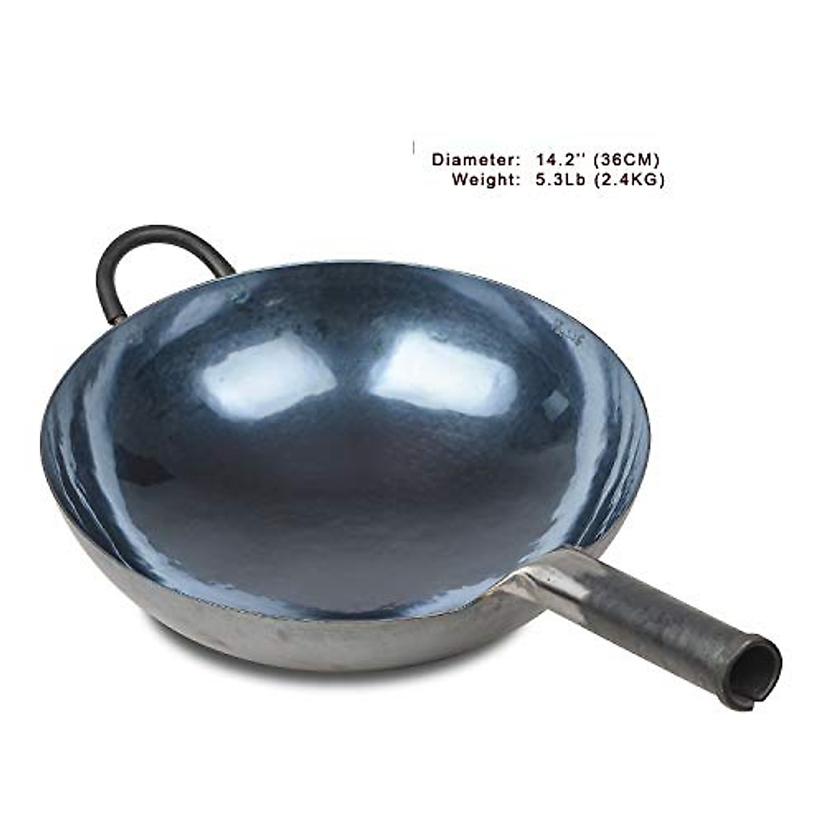 臻三环 ZhenSanHuan Chinese Hand Hammered Iron Woks and Stir Fry Pans, Non-stick, No Coating, Carbon Steel Pow (36CM, BlueBlack Seasoned with help handle)