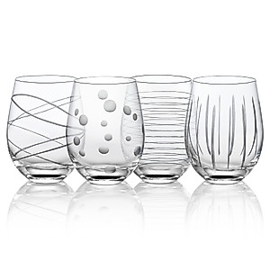 Joeyan Hand Blown Etched Stemless Wine Glasses with Dots Strips Pattern for Red Wine,Large Carved Drinking Glass Cups Tumblers for Wedding Anniversary Party Home,Set of 4,17.5 oz