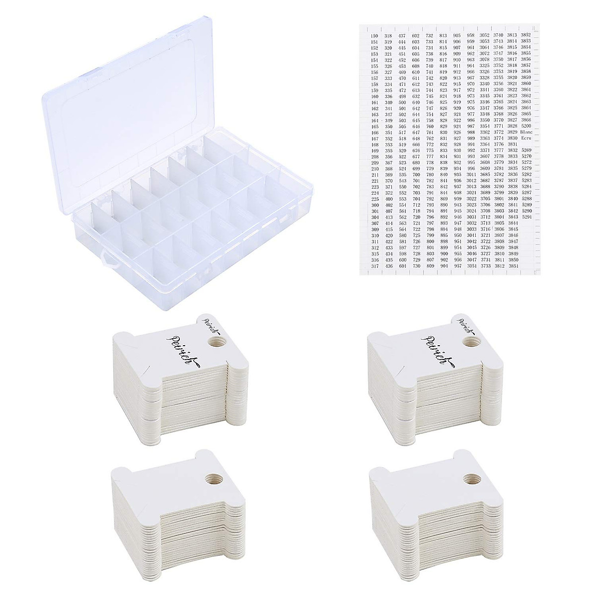 Peirich Embroidery Floss Organizer Box - 24 Compartments with 100 Hard Floss Bobbins and 459 Color Number Stickers