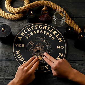 Keithwood 11.5’’ Black Spirit Board with Planchette Handmade Black Talking Board Game Spirit Board for Spirit Hunt, Witch Craft, Occult Practice - Magic Crystal Ball Pentagram Star in Hands