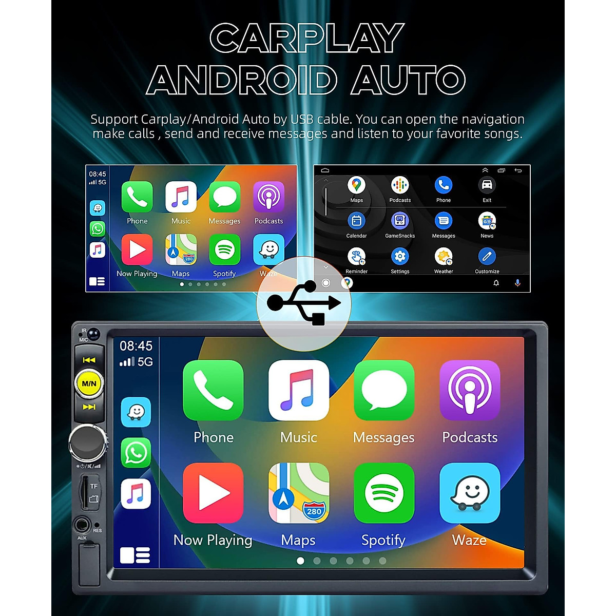 Apple Carplay Double Din Car Stereo Radio with Bluetooth, Rimoody 7 Inch HD Touchscreen Car Radio with Android Auto Mirror Link, Backup Camera, Steering Wheel, FM, USB/TF/AUX