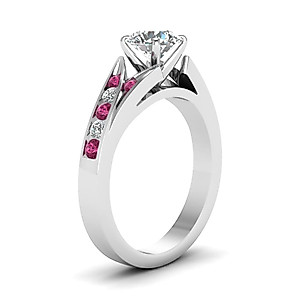 CustomizedGifts Channel Set Diamond Ring sterling silver Created Pink Sapphire Round shape Pink color Split Shank Engagement Ring channel Setting in Size 4 Party Wear Daily Wear Ornament