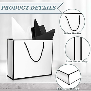 ALEXPRE 12 Pcs White Gift Bags with Handle and Tissue 11.8 x 10 x 4'' Large Paper Bags, Thank You Gift Bag with Bow Ribbon for Wedding Bridal Shower Groomsmen Birthday Party Baby Shower(White-Black)