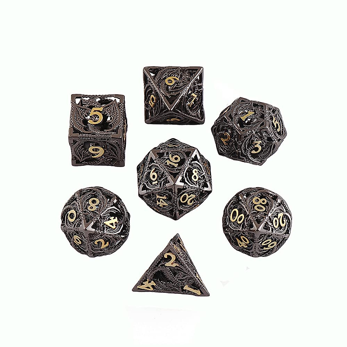 Hollow Metal D&D Dice Set with Gift Box, DND Role Playing Game D20 D12 D10 D8 D6 D4 Polyhedral Dice Set for Dungeons and Dragons Pathfinder Shadowrun Math Teaching RPG, Black Gold
