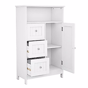 OQSC 39.4 Tall White Bathroom Floor Cabinet Freestanding Storage Cabinet Side Storage Organizer with 3 Drawers&1 Cupboard&1 Shelf for Bathroom Living Room Entryway