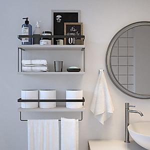 RICHER HOUSE 2+1 Tier Wall Mounted Floating Shelves Set of 2, Rustic Wood Wall Shelf with Metal Frame, Extra Storage Rack for Bathroom, Kitchen, Bedroom with Tissue Rack & Towel Bar - White