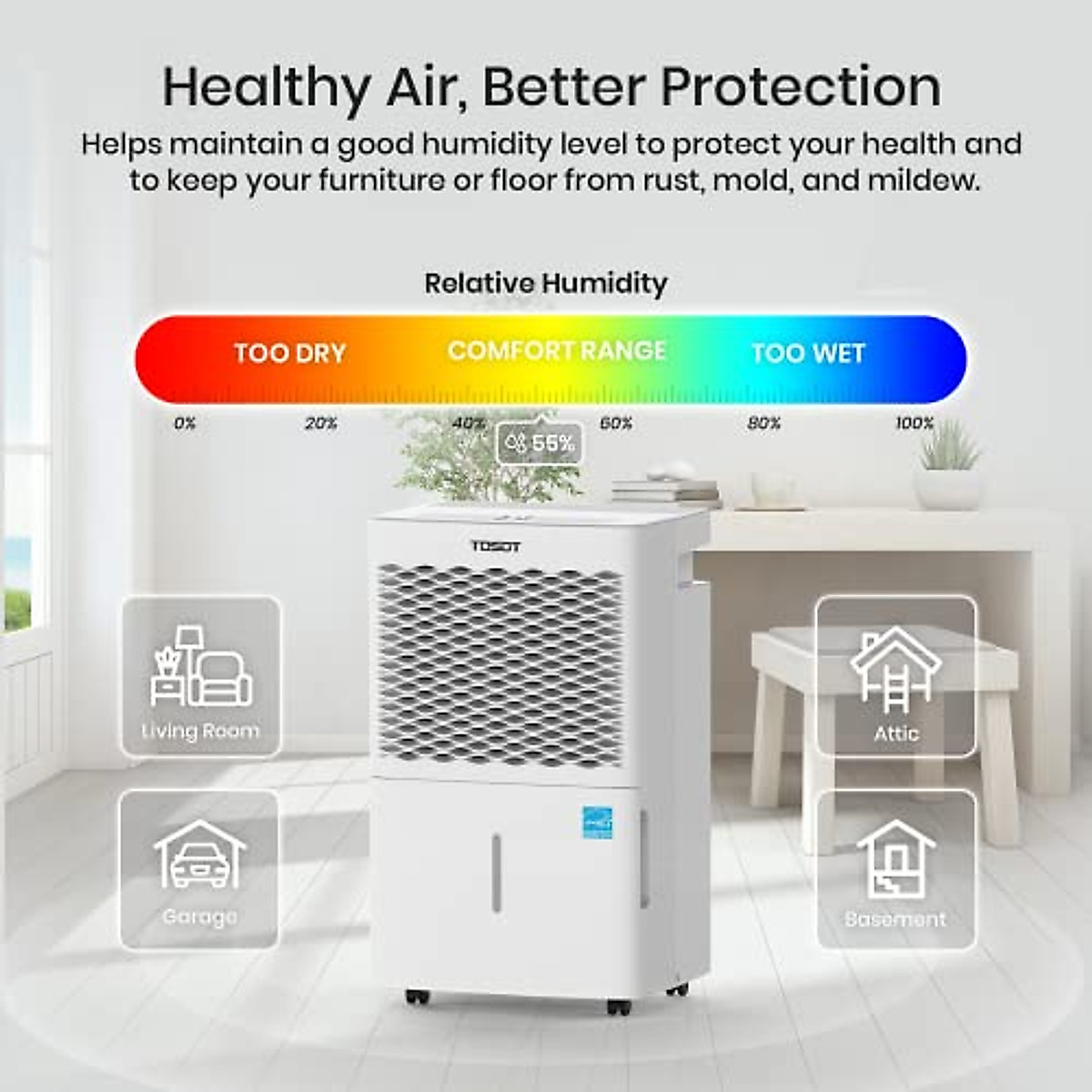 TOSOT 50 Pint with Internal Pump 4,500 Sq Ft Dehumidifier Energy Star - for Home, Basement, Bedroom or Bathroom - Super Quiet (Previous 70 Pint)