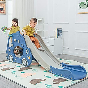Slide for Kids, Toddler Playground Slipping Slide Climber, Extra Long Slide Slope with Basketball Hoop for Indoor Outdoor Backyard Use (Blue Car) Kids House with Slide (Blue, One Size)