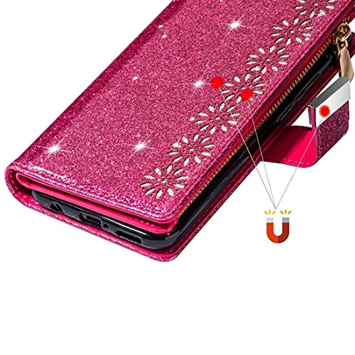 BOYUHII Silicone Protective Case for phone For Samsung Galaxy A50 / A30s / A50s Multi-card Slots Starry Sky Laser Carving Glitter Zipper Horizontal Flip Leather Case with Holder & Wallet & Lanyard ATC