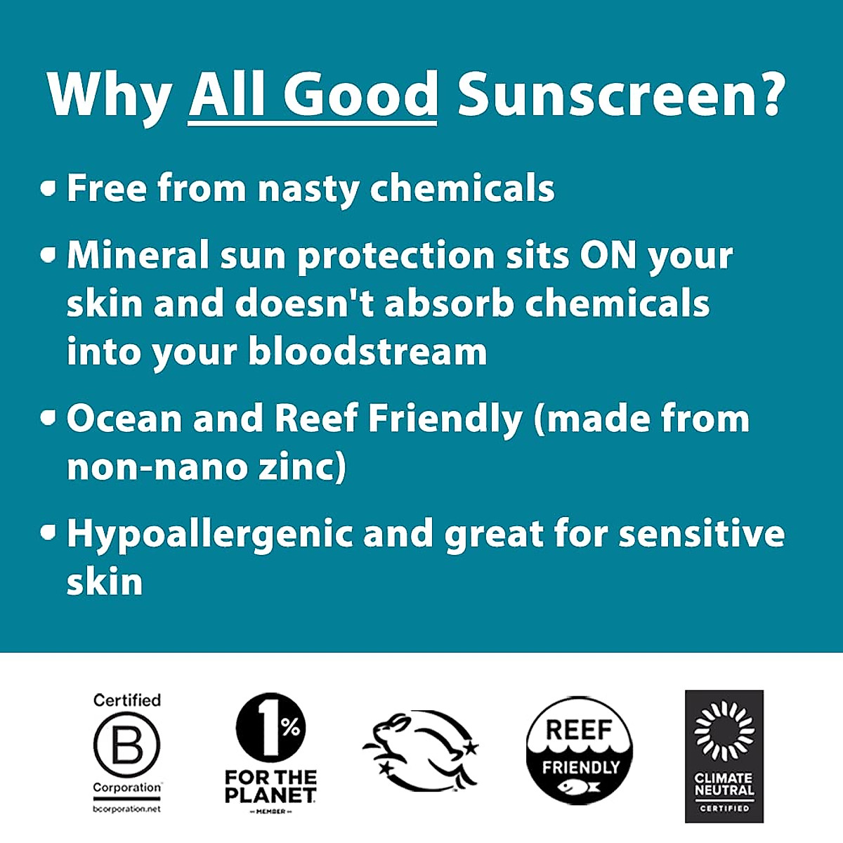 All Good Sunscreen - Sports Mineral for Face, Nose, Ears- Butter Stick SPF 50 - Coral Reef Friendly, Water Resistant, Zinc Oxide, Coconut Oil, Beeswax, Vitamin E (2.75 oz)