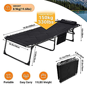 KingCamp Oversized Padded Folding Lounge Chair for Outdoor Patio Beach Lawn Pool Sunbathing Tanning, 5-Position Heavy Duty Portable Padded Camping Cot with Pillow, Support 300LBS