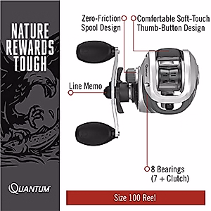 Quantum Throttle Baitcast Fishing Reel, Size 100 Reel, Right-Hand Retrieve, Lightweight Graphite Frame and Side Covers, Continuous Anti-Reverse Clutch, 7.3:1 Gear Ratio, Silver/Black