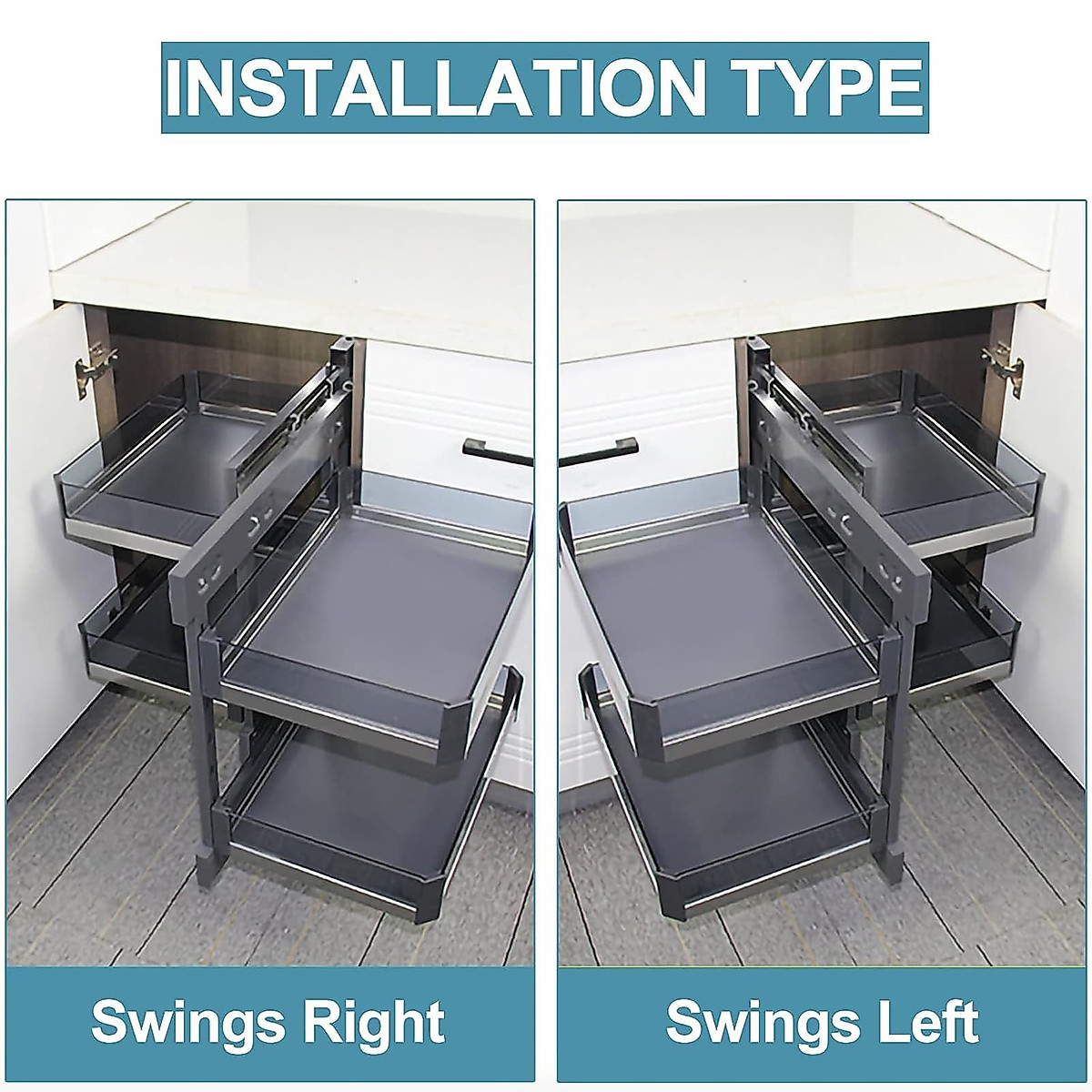 QLYFWLKQ Blind Corner Cabinet Pull Out Organizer, 2 Tier 4 Shelf Chrome Blind Corner Soft Close, Corner Kitchen Cabinet Pull Out Storage Rack Shelf