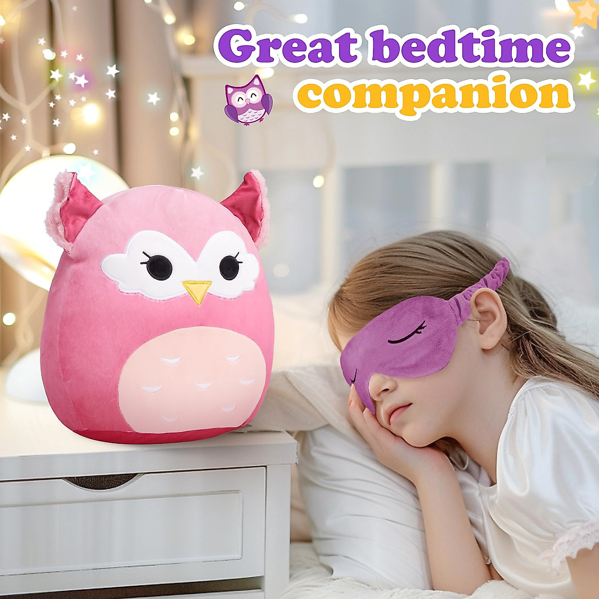BSTAOFY Cute Owl Soft Plush Pillow with Removable Eye Mask Squishy Owl Stuffed Animal Cushion Hugging Stretchy Nap Pillow Christmas Holiday Valentines Birthday Gifts for Toddlers Kids, 12’’